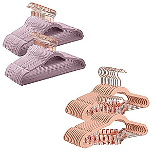 SONGMICS 50-Pack Velvet Hangers and 24-Pack Pants Hangers Bundle, Clothes Hanger with Rose Gold Swivel Hook, Coat Hangers with Movable Clips, Pale Purple and Light Pink UCRF021GP50 and UCRF14PK24