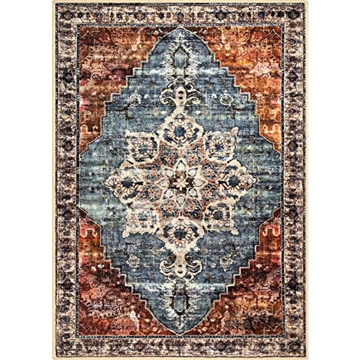 COLORPAPA Area Rug 5x7 Machine Washable Rugs Boho Living Room Rug Non-Slip for Bedroom Dinning Room Kitchen Hallway Blue Taupe Carpet