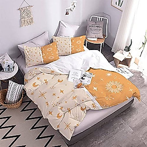 Quilt Cover Queen Size Sun and Stars Theme 3D Bedding Sets Warm Earthy Tones Duvet Cover Breathable Hypoallergenic Stain Wrinkle Resistant Microfiber with Zipper Closure,beding Set with 2 Pillowcase