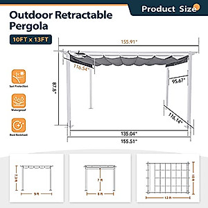 HAPPATIO 10' X 13' Pergola Retractable Pergola Canopy with White Frame for Backyards, Gardens, Patios, Outdoor Pergola with Sun and Rain-Proof Canopy (Gray)