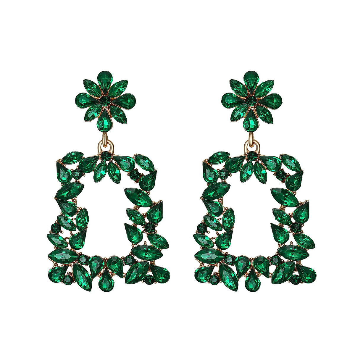 BriLove St.Patrick's Day Earrings Art Deco Sparkly Rhinestone Marquise Rectangle Flower Statement Dangle Earrings for Women Emerald Color Gold-Tone