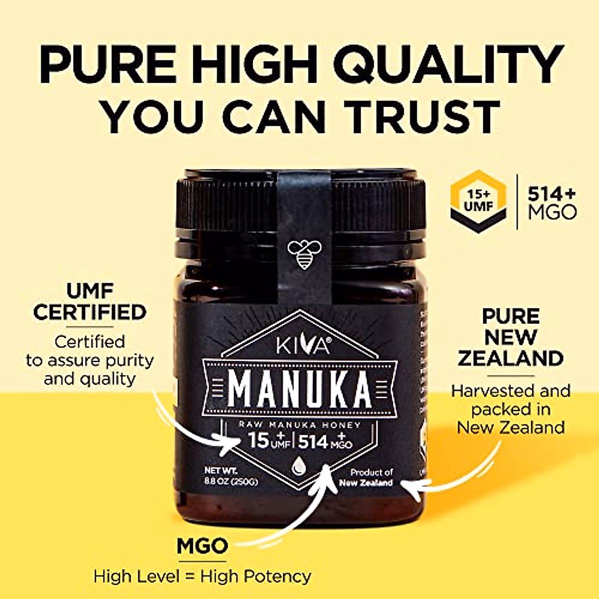 Kiva Manuka Honey UMF 15+ | MGO 514+ |100% Pure New Zealand Honey (8.8oz/250g) | UMF and MGO Certified | GMO-Free | Traceable
