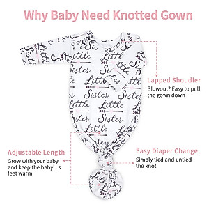 Mikccer Baby Newborn Knotted Gown 0-6 Months, Soft Breathable Sleeper Gowns, Babies Girl Coming Home Outfit Infant Little Sister Nightgowns with Hat Set