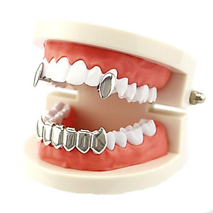18k Gold Plated Vampire Dracula Teeth Grillz 2pc Single Fangs and 6 Bottom Grillz Set