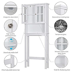 Spirich Bathroom Storage Cabinet Over Toilet, Over Toilet Storage Shelf Cabinet with Windowpane Glass Doors, Free Standing Space Saver Cabinet, White