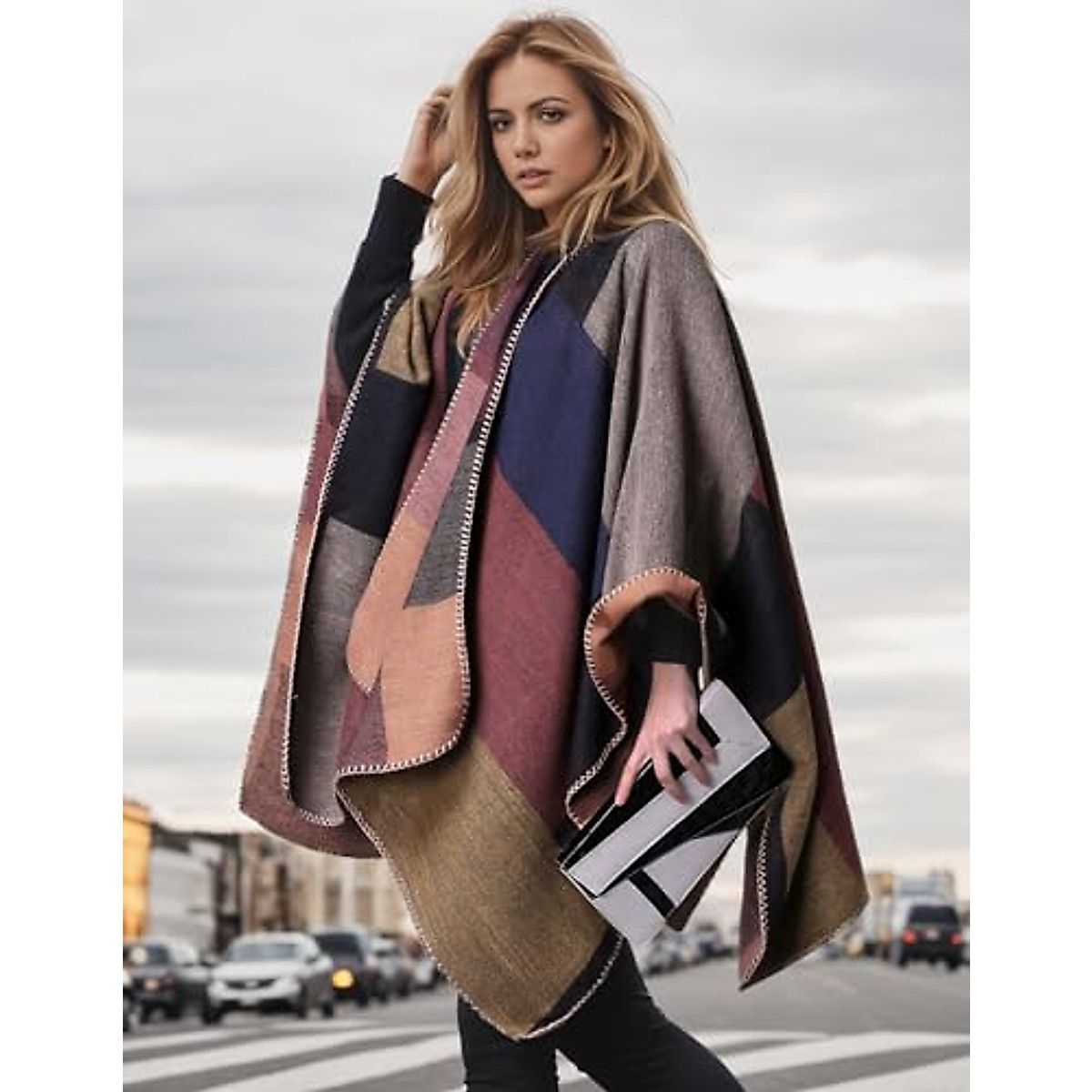 PAMEILA Women's Travel Plaid Shawl Wraps Open Front Poncho Cape Warm Oversized Sweaters Casual Cardigan Shawls for Fall Winter,Series 01-Khaki