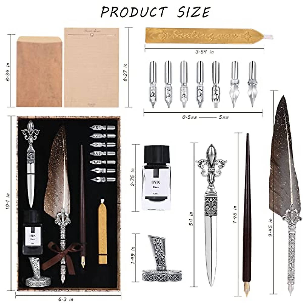 Vintage Quill Pen Ink Set,Feather Quill Pen with Wooden Calligraphy Pen, Including 7 Different Sizes of Nib, Calligraphy pen Set Gift & Women and Man(Grey)