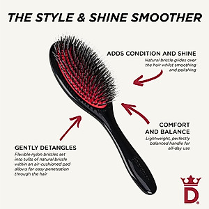 Denman Style and Shine Hair Brush for Slick Back Looks and Adding Glossy Shine to Hair with Soft Nylon Quill Boar Bristles for Sleek Smoothing, Detangling and Styling – Black, D81M
