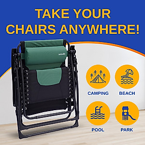 SereneLife SL1ZGRCP36.5 Outdoor Foldable Padded Zero Gravity Lawn Chair-Adjustable Recliners with Plastic Cup Holder Side Table and Pillow (Green and Black)