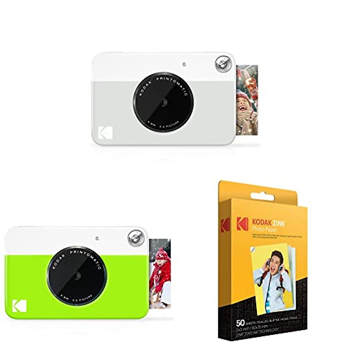 Kodak Printomatic Digital Instant Print Camera (Grey) Print Memories Instantly & Printomatic Digital Instant Print Camera (Green) & 2"x3" Premium Zink Photo Paper (50 Sheets) (Pack of 1)