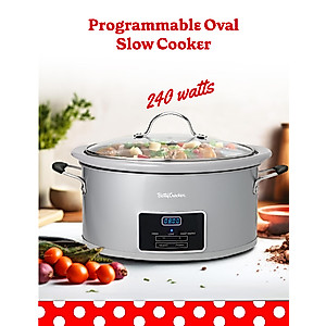 Betty Crocker 6-Quart Oval Digital Slow Cooker, Programmable Crock Pot Up to 20 Hours, Electric Cooking Pot with LCD Digital Display, Removable Stoneware Crock Liner, Betty Crocker Cookbook,Silver
