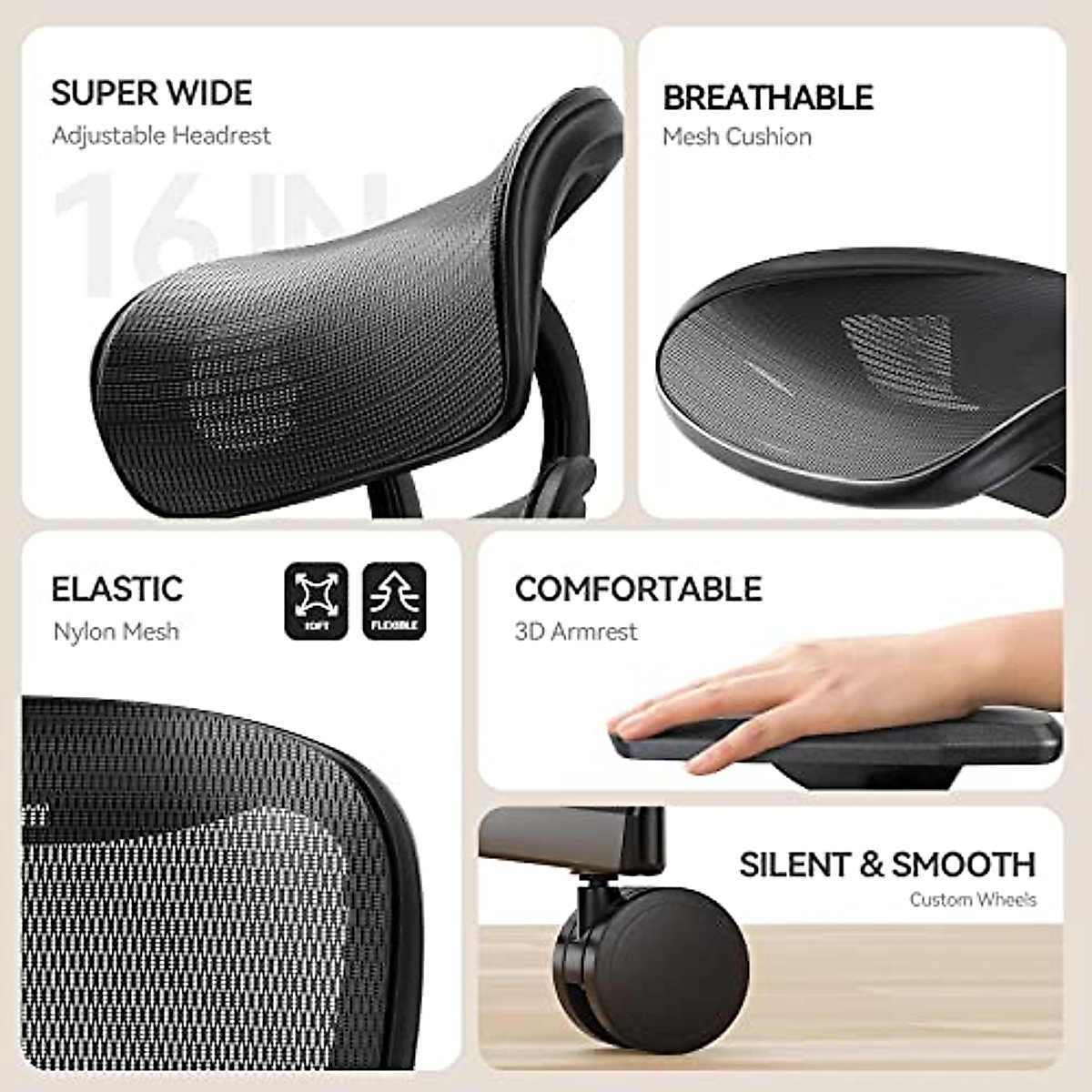 NOBLEWELL Ergonomic High Back Mesh Chair for Office Computer with Lumbar Support, 3D Armrest, Double Backrest and Adjustable Headrest