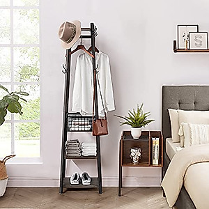 VECELO Coat Rack Freestanding, Entryway Clothes Stand with Metal Basket and 2 Shelves, Upgrade Hall Trees with 8 Dual Hooks for Bags, Hats, and Umbrellas, Industrial Styles, Vintage Brown+ Black