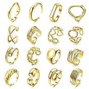 HAIAISO 16Pcs Gold Done Chunky Rings for Women 18K Gold Plated Adjustable Braided Twisted Round Signet Statement Rings Open Stackable Rings set Size 5-9