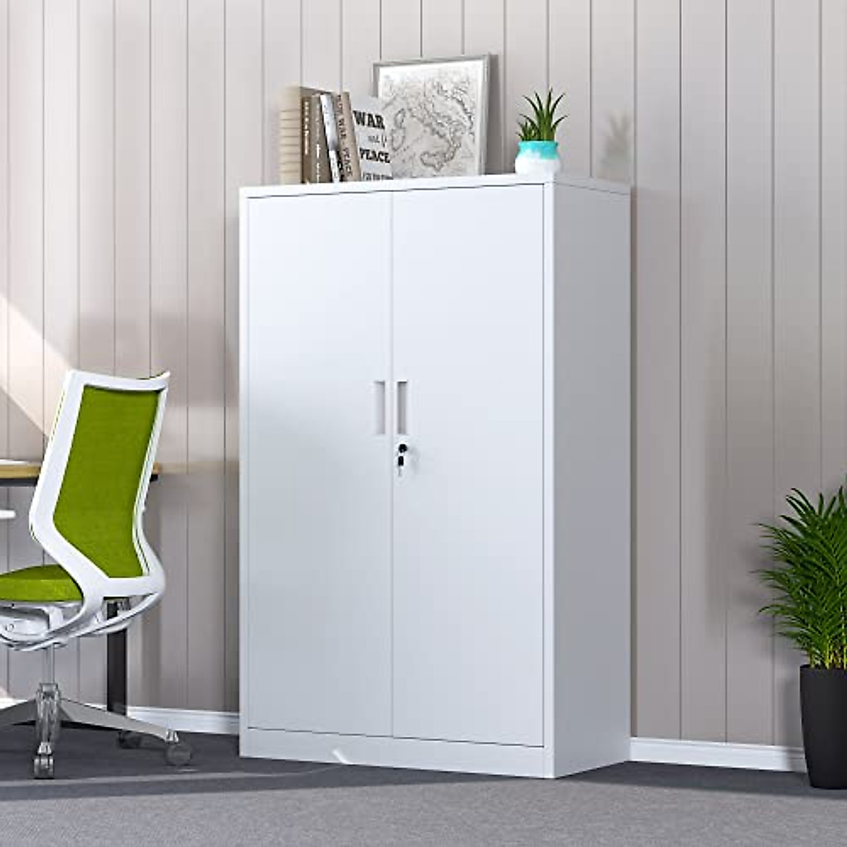 JINKUR Metal Storage Cabinet with Locking Doors and 3 Adjustable Shelves, 53.5-Inch Lockable Storage Cabinets for Home Office Garage Kitchen Pantry (White)