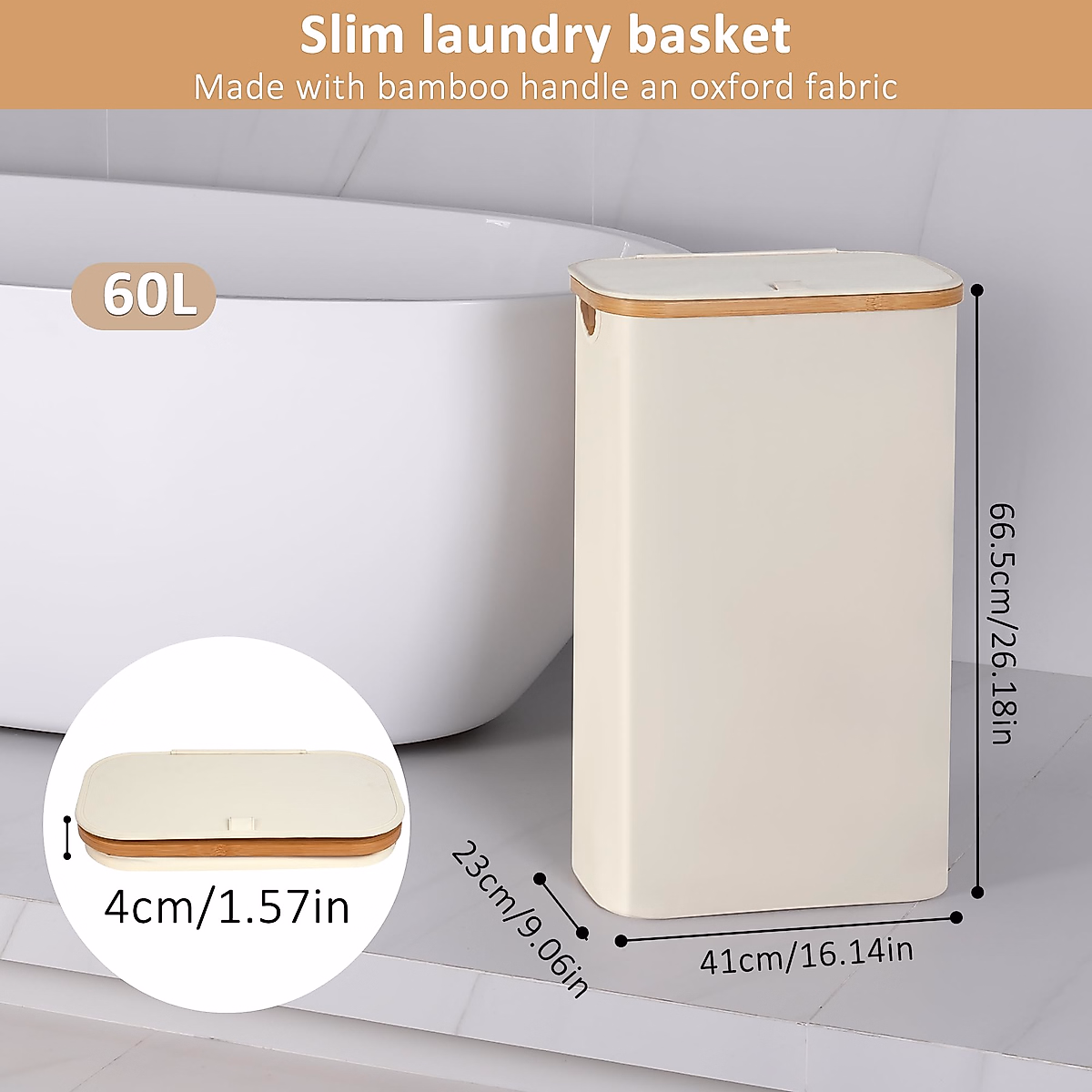 iEGrow Slim Laundry Hamper, Narrow Laundry Basket with Lid,Foldable Clothes Hamper with Bamboo Handles,Hamper Basket with Removable Inner Bag for Laundry Room Bedroom College Dorm,60L Beige