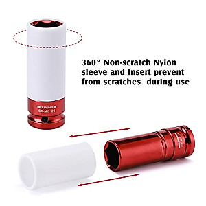 MIXPOWER 5 Pieces 1/2" Drive Wheel Protector Impact Socket Set, CR-MO, Metric/SAE, Thin Wall Deep Impact Socket Set, 6 Point, Color-Coded, 17mm, 19mm, 21mm, 13/16", 7/8"