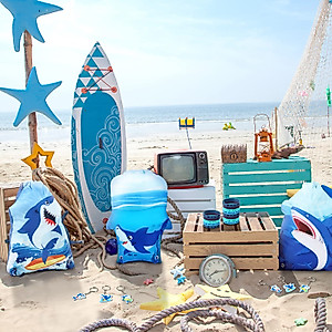 Talltalk 48 Pcs Shark Party Supplies Blue Ocean Pool Party Favor with 16 Pcs Shark Party Drawstring Bag Goodie Bags 16 Shark Wristband 16 Shark Keychain for Shark Birthday Party Supplies Decorations