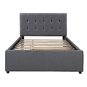 RUNWON Full Size Linen Upholstered Platform Bed with Headboard and Trundle for Bedroom Living Room, Space Saving Design, Grey