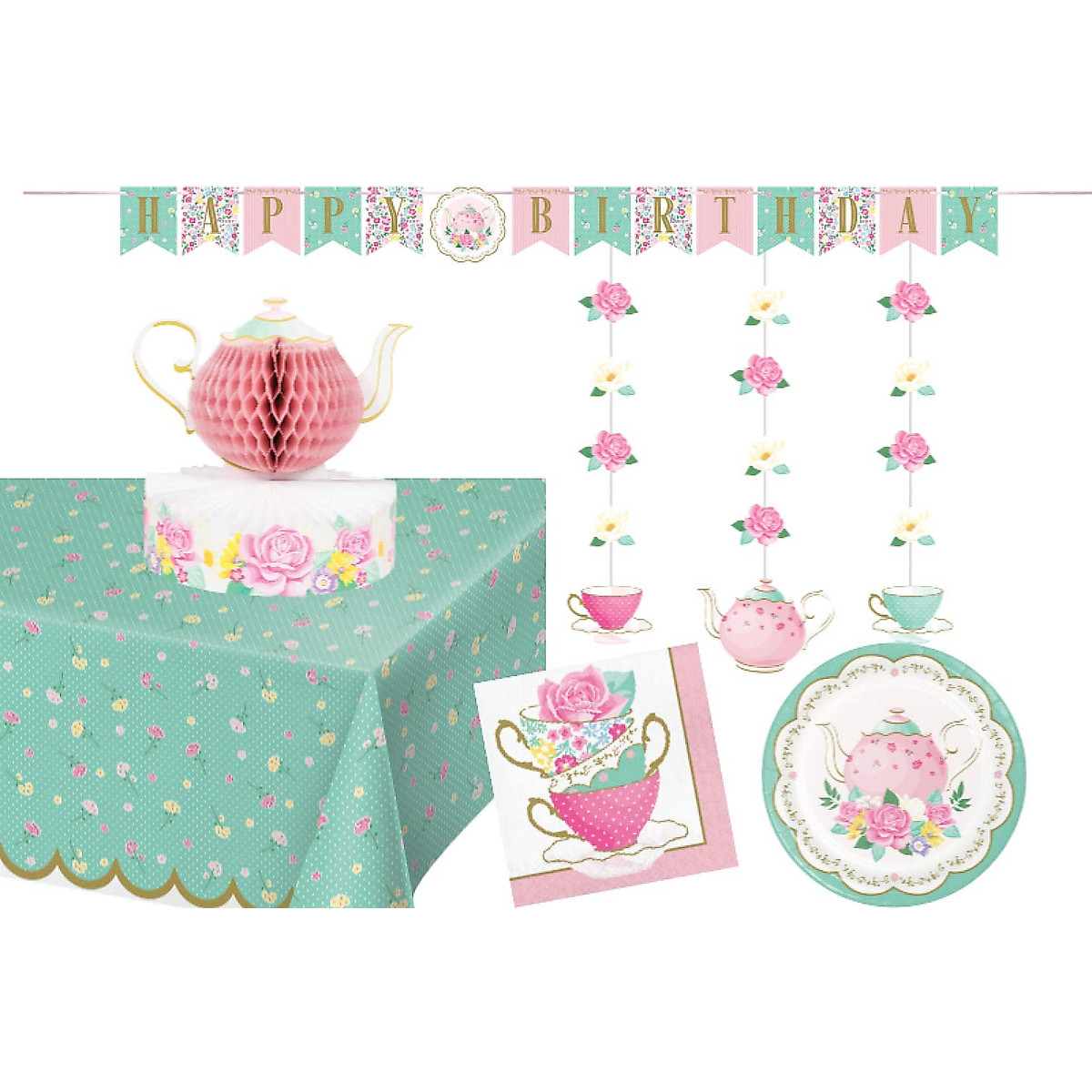 Floral Themed Tea Party Supplies: Bundle Includes Paper Dessert Plates & Napkins for 16 Guests Plus a Tablecover, Centerpiece, Hanging Coutouts, and Happy Birthday Banner