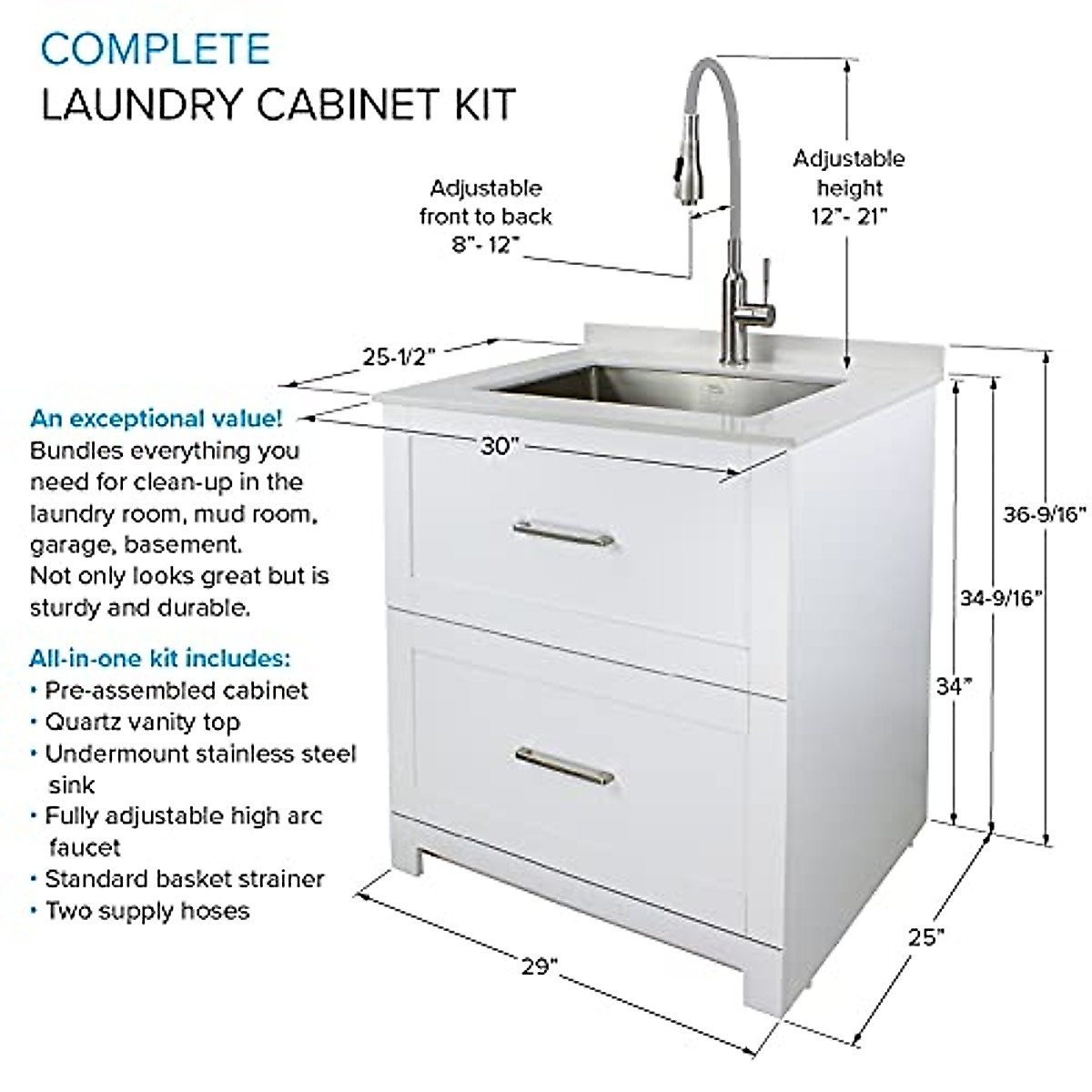 Transolid TCG-3025-WC All-in-One 29 in. x 25.5 in. Quartz Undermount Laundry/Utility Sink and Cabinet with Faucet in Matte White