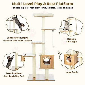 Arlopu Modern Wooden Cat Tree Tower, Cat Condo Furniture with Multi-Layer Platform, 67.3" Tall Large Cat Climbing Stand with Sisal Rope Scratching Post, Washable Plush Cushion for Kittens/Large Cats