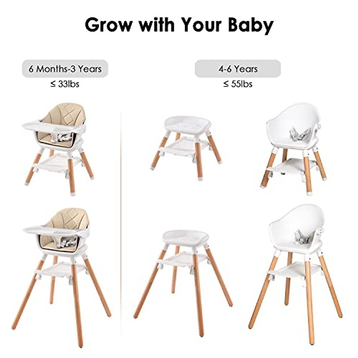 Beberoad Love Baby High Chair, 4 in 1 Wooden Highchair Convertible High Chair Booster Toddler Chair with Double Removable Tray, 5-Point Harness & PU Cushion for Babies Infants Toddlers White