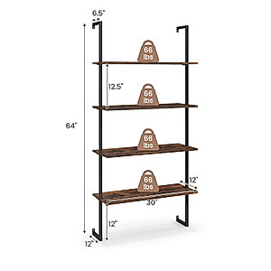 Tangkula 4-Tier Bookshelf, Wall-Mounted Open Bookcase with Metal Frame, Industrial Display Storage Ladder Shelf for Study, Living Room & Kitchen (1, Brown)