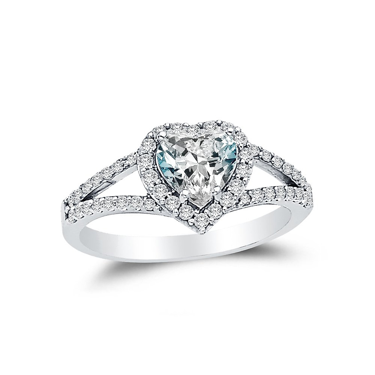 Size - 6 - Solid 14k White Gold Heart Cut Halo Wedding Engagement Ring with Side Stones, CZ Cubic Zirconia (1.75 ct.)