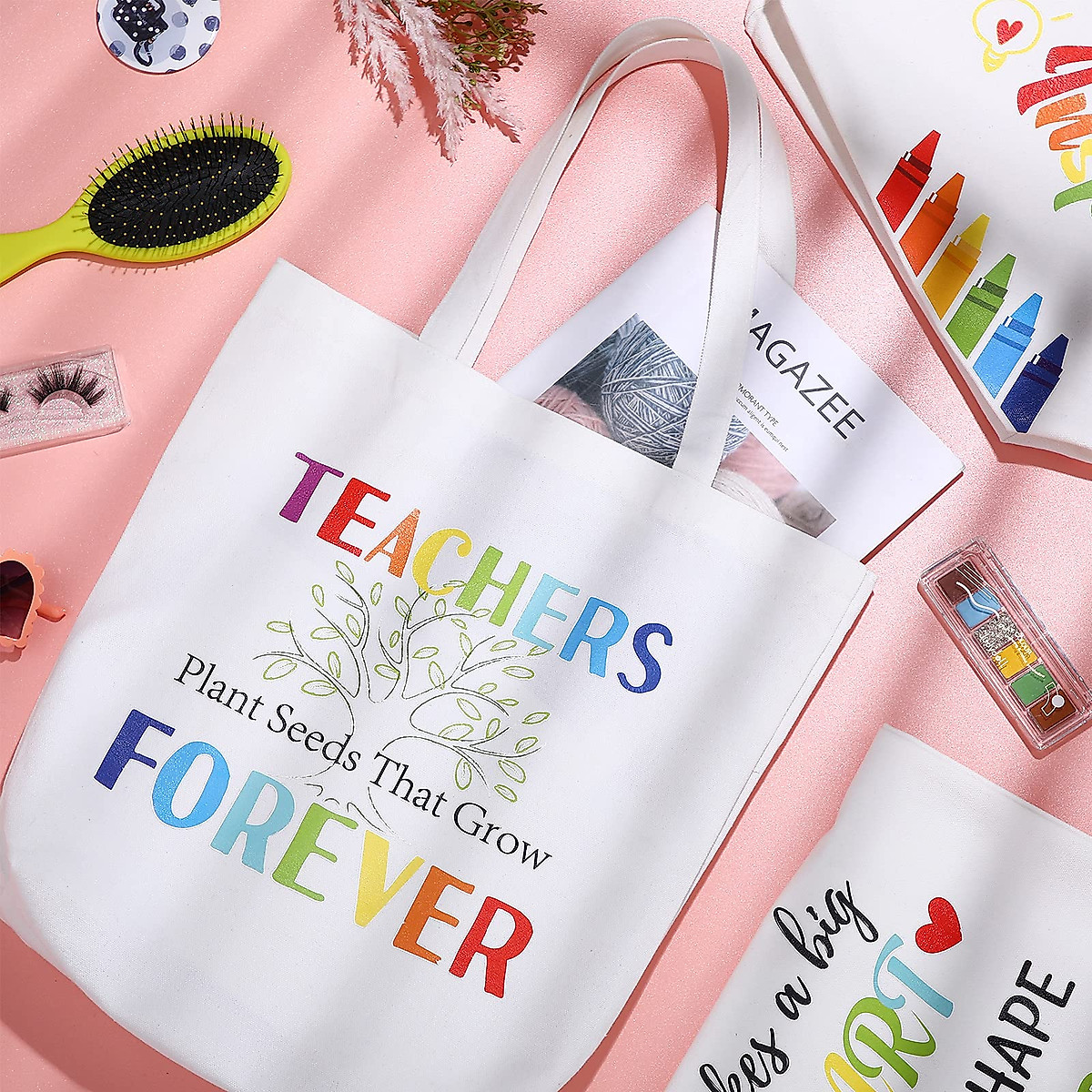 Xuniea 3 Pieces Teacher Appreciation Gift Teacher Tote Bag with Pocket Canvas Grocery Bags for Teachers Day Birthday(Cute Style)
