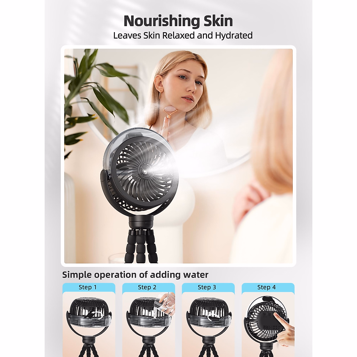 Misting Stroller Fan, 6000mAh Battery Operated Portable Fan with Light & 360° Pivoting, Personal Fan with Flexible Tripod for Baby, Office, Travel,Treadmill,Outdoors