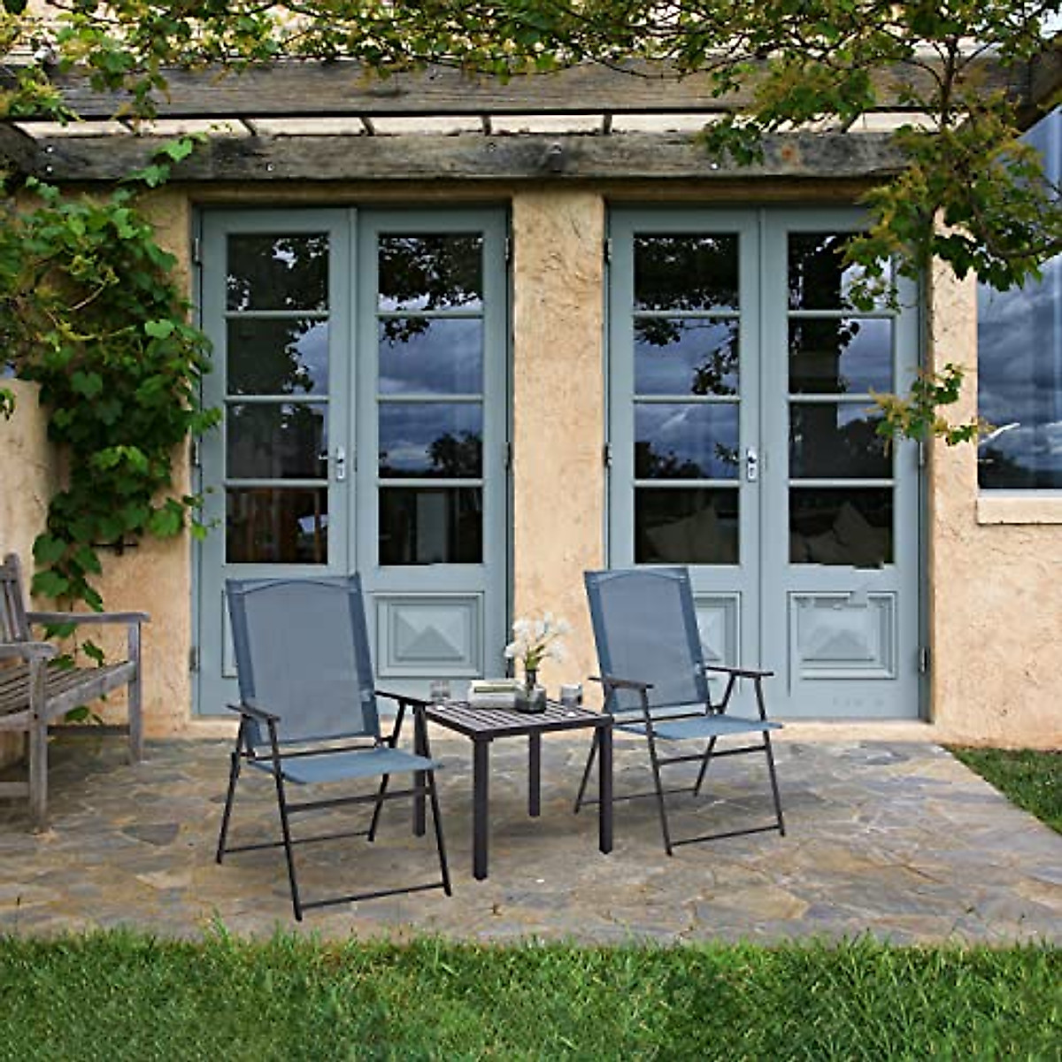 VICLLAX 2 Pieces Patio Folding Chairs, Outdoor Portable Dining Chairs for Lawn Garden and Porch, Dark Blue(Edge-Binding)