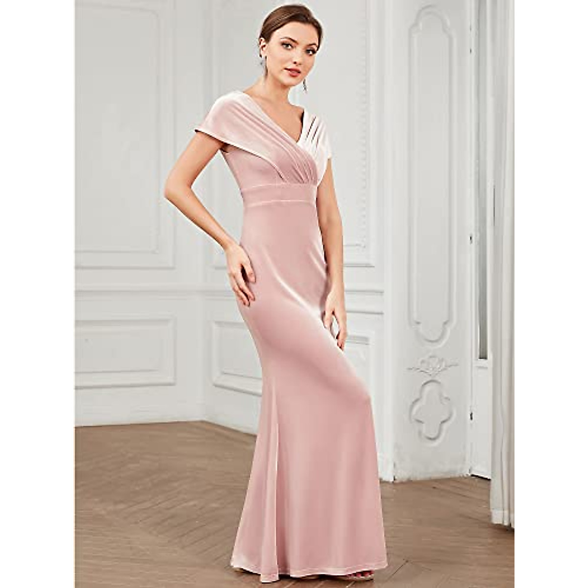 Ever-Pretty Women's V Neck Cap Sleeves Backless Memaid Long Autumn Velvet Formal Evening Gowns Pink US8