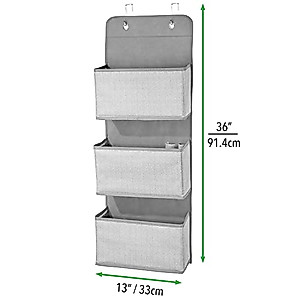 mDesign Fabric Baby Nursery Hanging Organizers for Over The Door Storage for Kids - 3 Pocket Organizer Caddy with Hooks for Clothing, School, Diaper, Toy, and Outfit Storage - Gray Herringbone