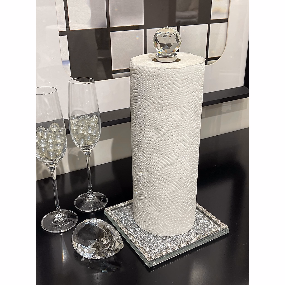 Bling Crystal Paper Towel Holder Roll Holder, Cute and Filled with Sparkly Crushed Diamonds, Stunning Silver, Mirrored Glass, Kitchen Countertop / Bathroom Tissue Holder, 13in x 6.3in