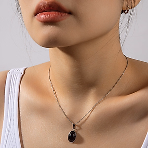 PEPELUALI 16" 925 SILVER Handmade Vintage Black Onyx Pendant Necklace, Oval black glaze energy healing crystal pendant necklace jewelry, Inspirational Gifts for Women, Mom, Sister