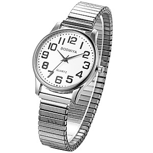 JewelryWe Mens Big Dial Easy Reader Quartz Watch, Gold/Silver Tone Elastic Band Wristwatch for Valentine’s Day