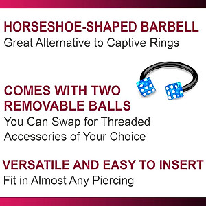 bodyjewellery 2pcs 16g 3/8 Horseshoe Ring Septum Catilage Hoop Nose Lip Conch Tragus Helix Black Anodized Steel Dice Ball - Pick Color (dark blue)