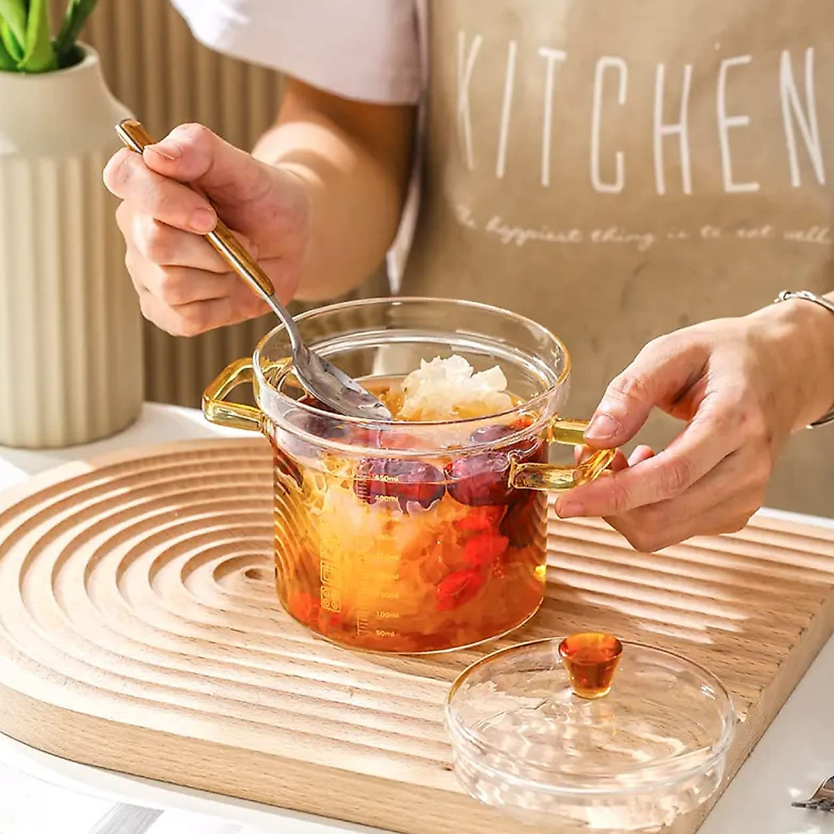 DEESUNG Glass Bowl with Handles and Lid, 15 OZ, With Measurement Marks, Food Grade High Borosilicate Glass, Measure Bowl, Bowl for Cereal, Dessert, Pasta, Salad and Soup