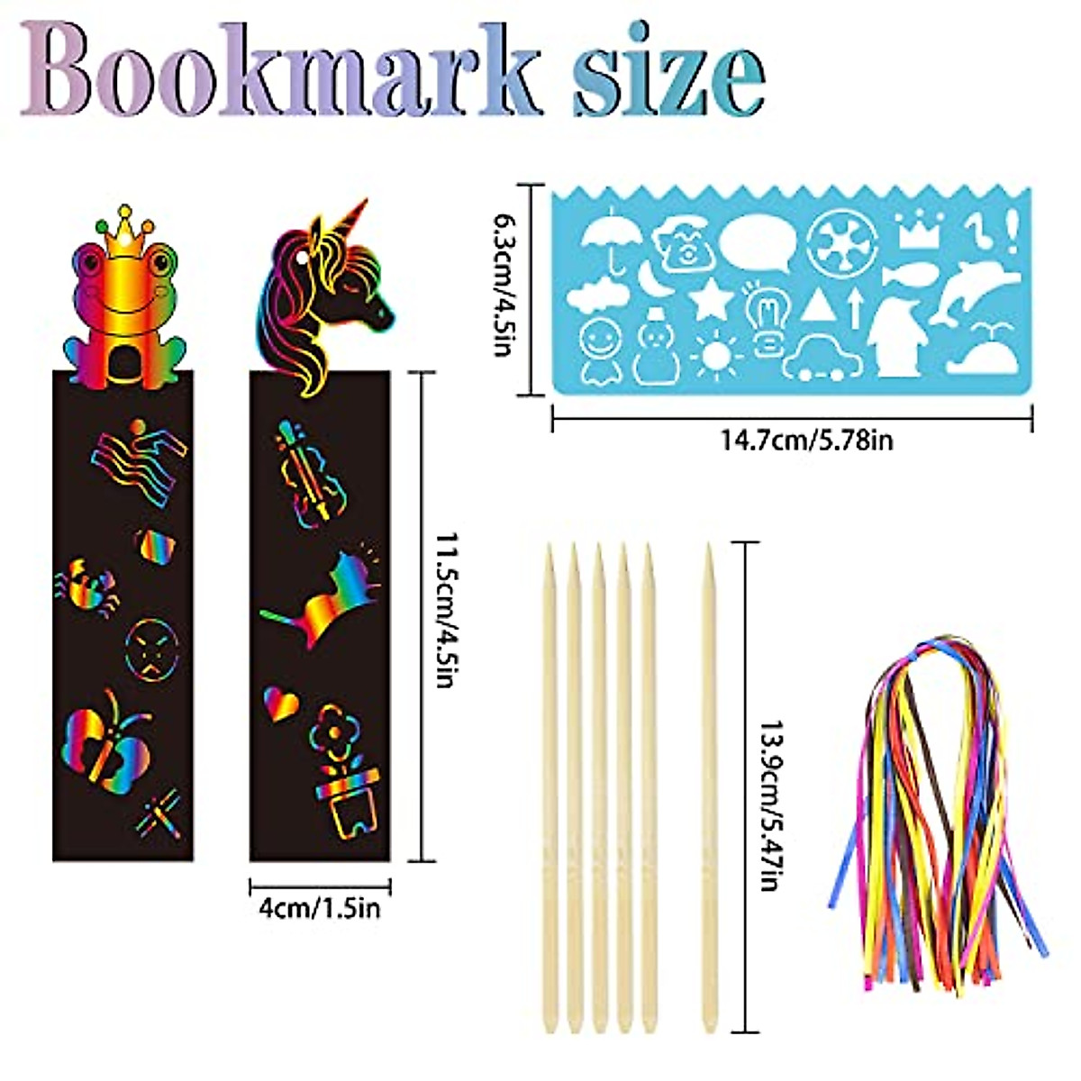 64PCS Animal Scratch Bookmarks Set, DIY Rainbow Scratch Bookmarks with Painting Templates, Wood Sticks and Colored Ribbons for Kids Party Birthday Gifts Teacher Supplies Kids Classroom School Supplies