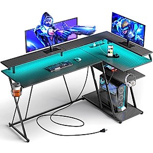 SEVEN WARRIOR L Shaped Gaming Desk with LED Lights & Power Outlets, 63” Reversible Corner Desk with Storage Shelf, Computer Desk with Monitor Stand, Gaming Table with Cup Holder, with Hooks, Black