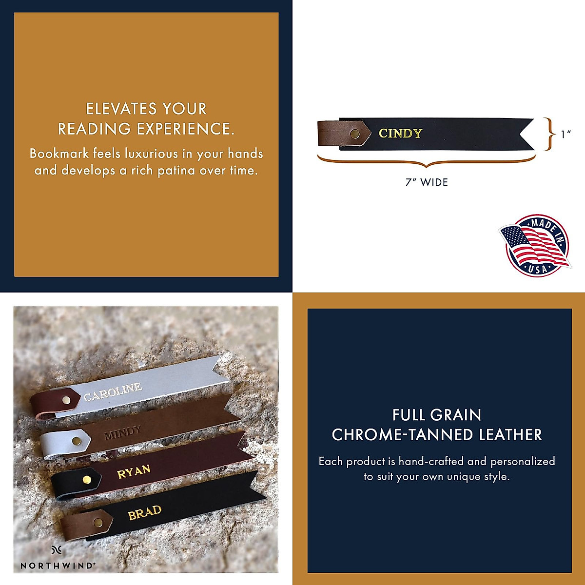 Personalized Leather Bookmark | Great Gifts for Readers! | 6" x 1" Dimensions | Two-Tone, Genuine Leather, Customized, Monogrammed | Made in USA | Free Shipping