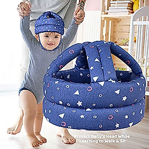 Baby Safety Helmet, Infant Baby Head Protector with 3 Pairs Baby Knee Pads for Crawling & 3 Pairs Baby Socks, Head Cushion Bumper Bonnet, Soft Headguard for Toddler Learning to Walk, Geometric Blue