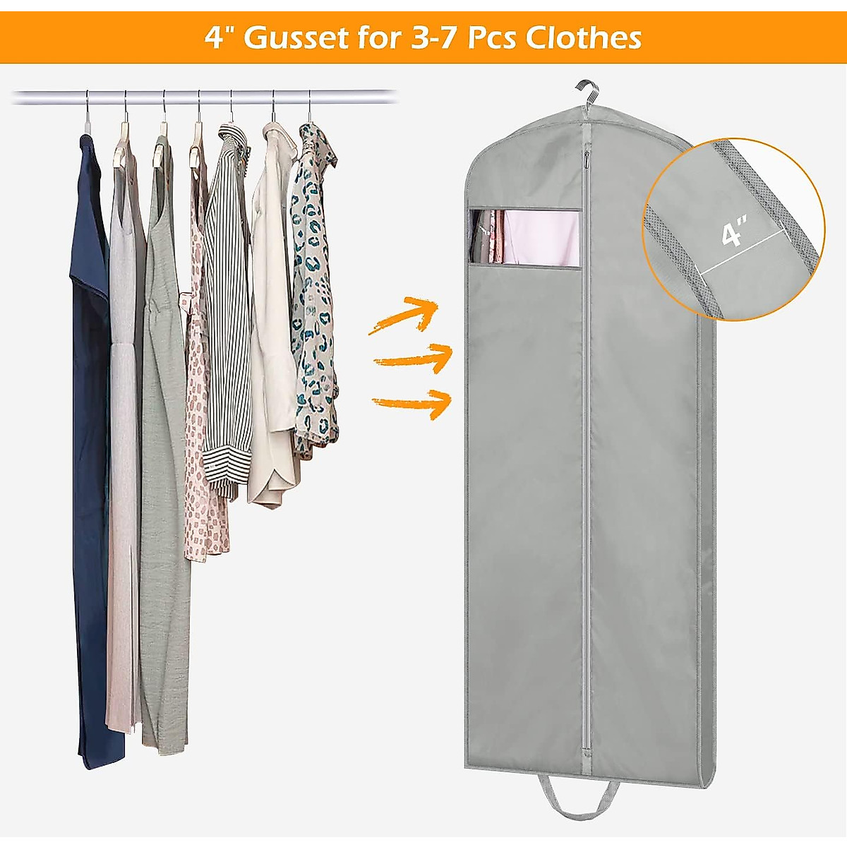 MISSLO 65" Long Garment Bags for Travel Dress Bags Wedding Dress Cover Waterproof Clothing Bags Storage Traveling Clothes Protector for Closet Wardrobe Bags 2 Packs for Gowns, Tuxedos, Coats, Gray