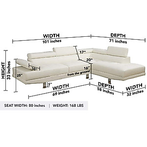 Poundex 2 Pieces Faux Leather Sectional Right Chaise Sofa, Assorted in White