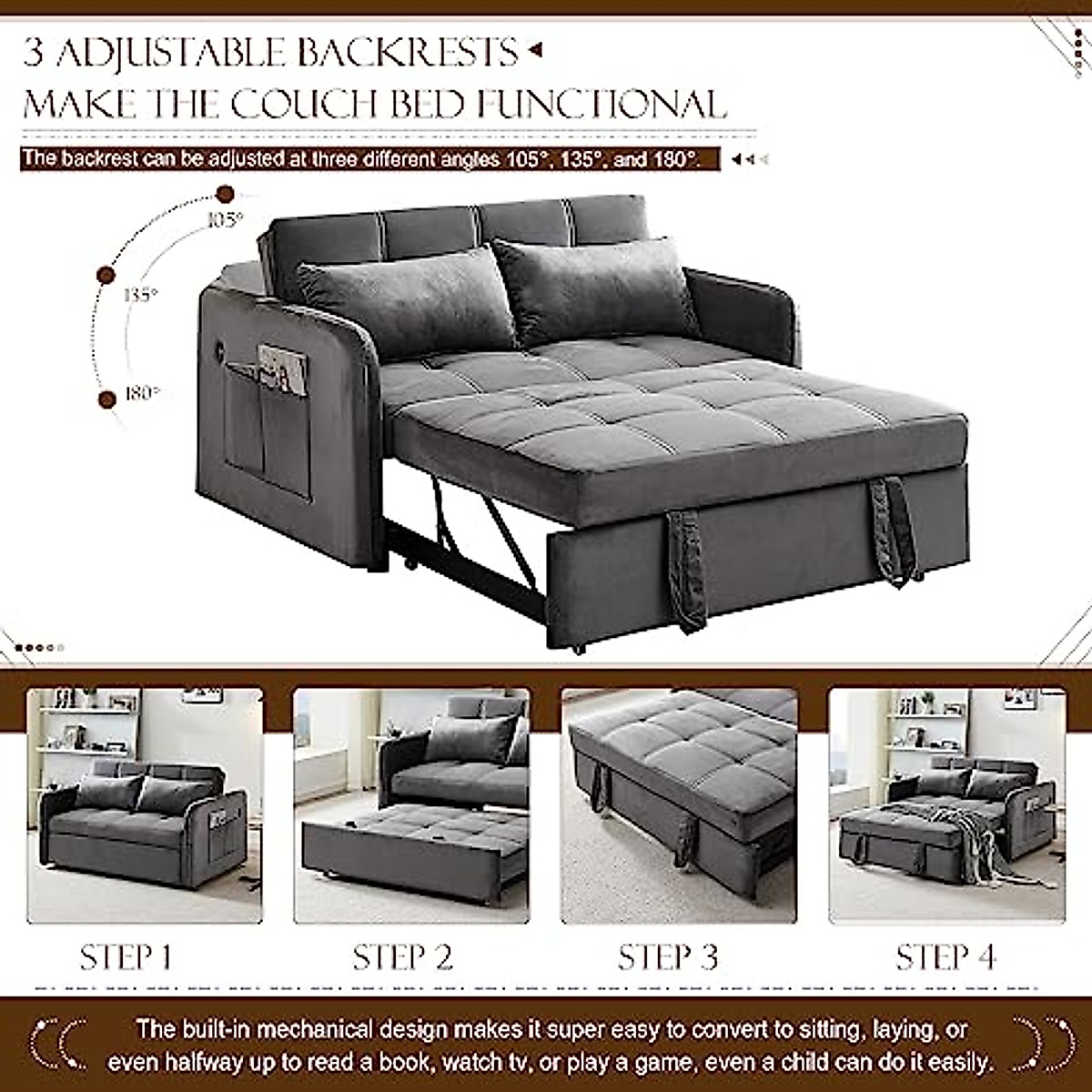 Velvet Pull Out Sleeper Sofa Bed with USB Ports, Convertible Futon Couch with Adjustable Backrest, 3 in 1 Modern Loveseat with 2 Pockets and Pillows, Small Love Seat for Living Room, Office, Dark Grey
