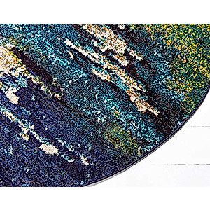 Unique Loom Estrella Collection Distressed, Landscape, Abstract, Modern, Earth Tones Area Rug (8' 0 x 8' 0 Round, Navy Blue/Green)