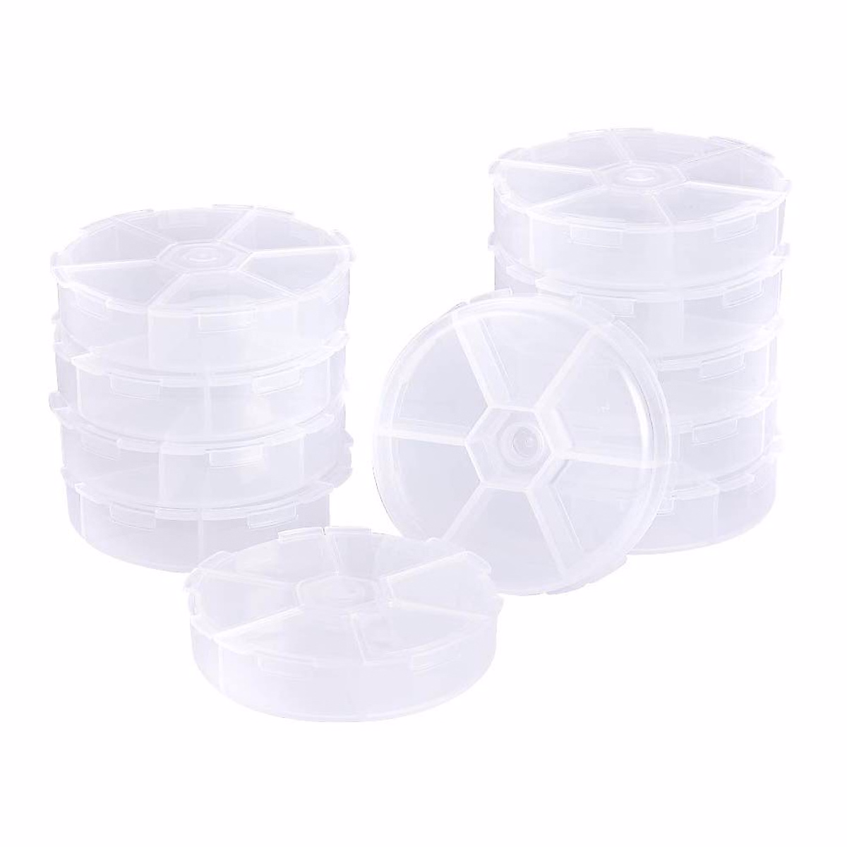 PandaHall 30 pcs 6 Grids Jewelry Dividers Box Organizer Clear Plastic Bead Case Storage Container for Beads, Jewelry, Nail Art, Small Items Craft Findings,Round, White, 8x2cm