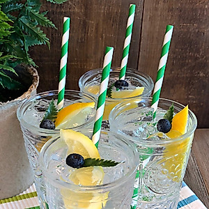 Green Striped Paper Straws - Green White Stripe - Christmas St Patrick's Birthday Supply - 7.75 Inches - 50 Pack