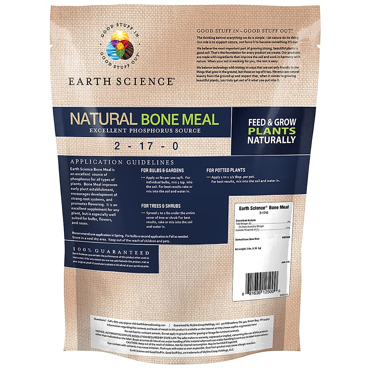 Earth Science – Natural Bone Meal Plant Food – Plant Mix for Bulbs, Gardens, Potted Plants, Trees, and Shrubs 3lb